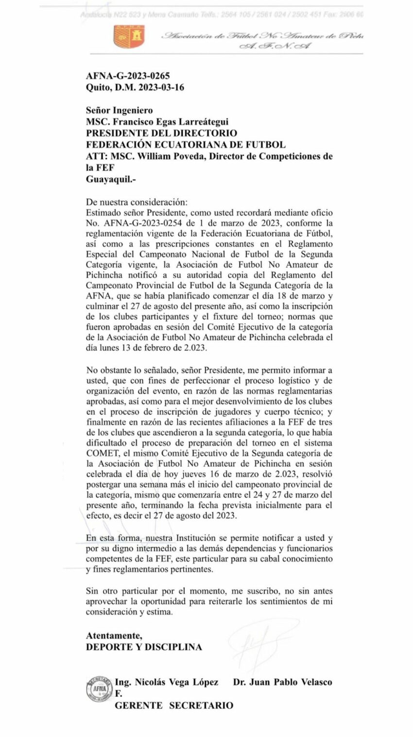 Se posterga el inicio de la Segunda Categoría de Pichincha